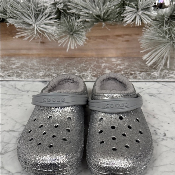 CROCS | Shoes | Crocs Kids Shiny Silver Slippers | Poshmark